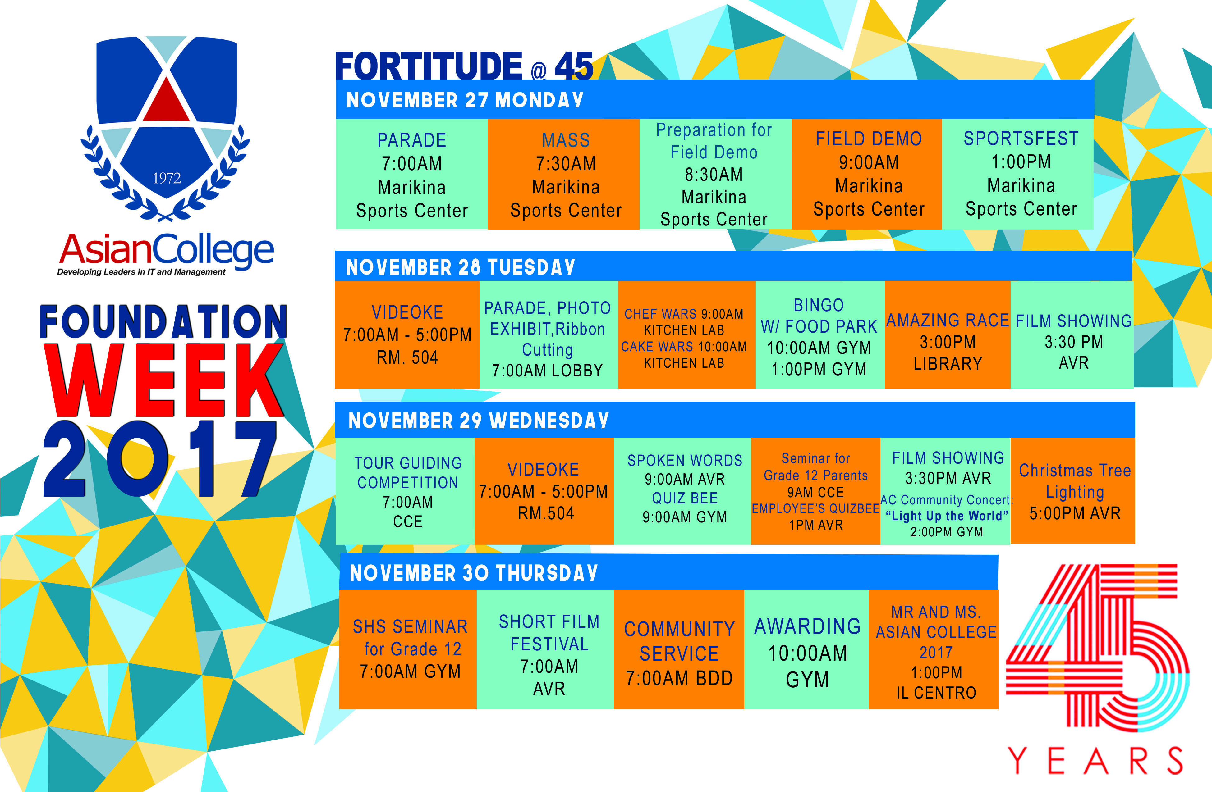 Foundation Week 2017 Schedule Announced - Asian College
